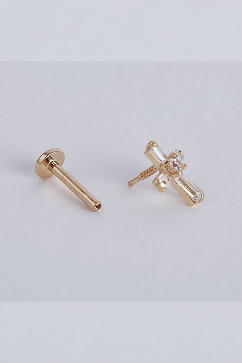 14k Solid Gold Inner Screw Labret CZ Cross Single Stud – Pretty At Sam