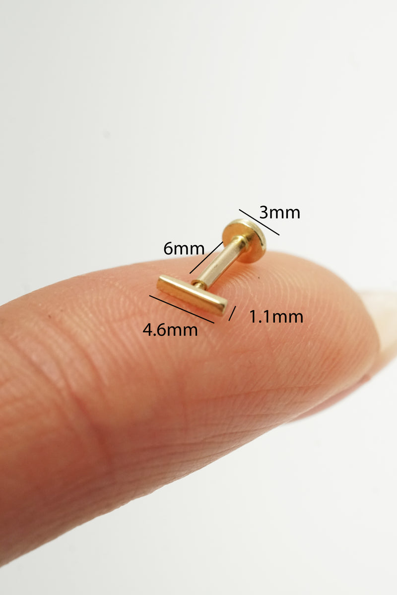 14K Solid Gold Inner Screw Labret Flatback Bar Single Stud – 6MM Len ...